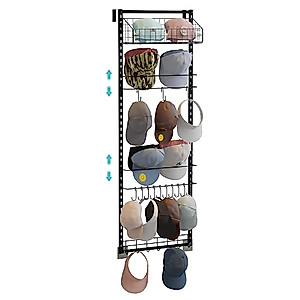 Yociyoga Metal Hat Racks for Baseball Caps, Over the Door Hat Organizer Hat Holder with Door Hooks & 17 Hat Hooks, Adjustable Tier Height Hat Hanger Hat Storage with Storage Basket, Black