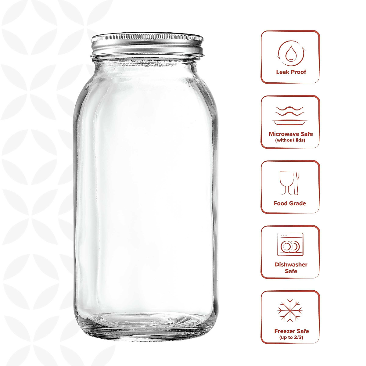 GLING [1 Count 64 oz. Wide-Mouth Glass Mason Jars with Metal Airtight Lids and Bands 2 Quart Large For Preserving, & Meal Prep