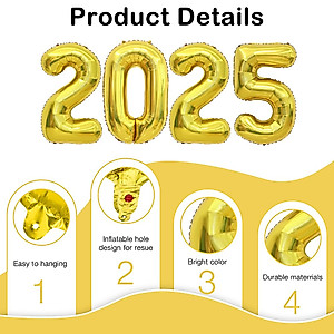 2025 Balloons, 40 Inch 2025 Number Balloons, 2025 Gold Balloons, Large Foil Happy New Year Balloons for New Year Eve Party Supplies 2025, New Years Decorations 2025, Christmas, Graduations, Birthday