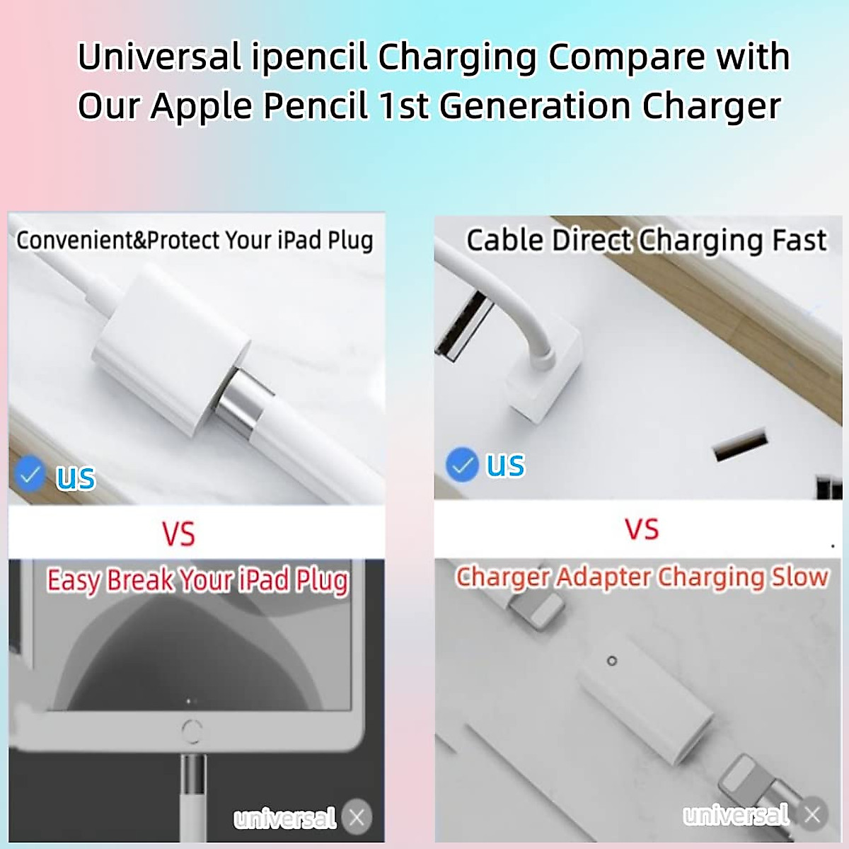 Design for Apple Pencil Charger,Apple Pencil Adapter 1FT 2 Pack, iPencil Pen First Gen Charging Cable Compatible with Apple Pencil 1st Generation,USB A Male to Lightning Female (Apple White)