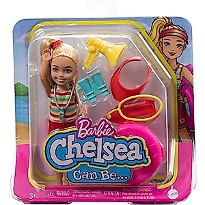 Barbie Chelsea Can Be Doll & Playset, Blonde Lifeguard Small Doll with Removable Outfit & 6 Career Accessories