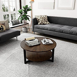 MODERION Round Coffee Table with Storage Shelf, Farmhouse Living Room Cocktail Black Metal Legs, Circular Solid Wood Center Tea Table, Sofa 35.3-''Dx17.8-''H, Natural Brown KFZ1338NC