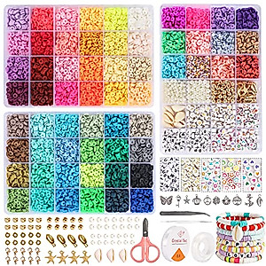 QUEFE 13000pcs, 60 Colors, Clay Beads for Bracelet Making Kit, Flat Round Polymer Heishi Beads with Letter Beads for DIY Craft Gifts, Necklace Jewelry Making, Set for Girls 8-12