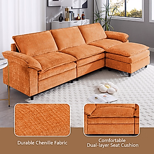 KIVENJAJA Modular Cloud Sectional Couch, Chenille L Shaped Sectional Sofa with Ottoman, Modern Comfy 4 Seater Sofas for Living Room Apartment Office, 113.5”W, Orange