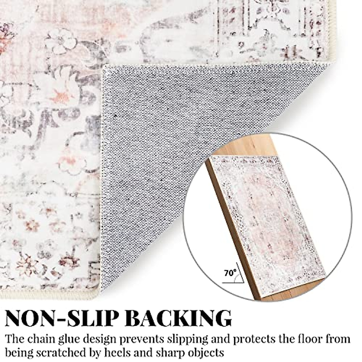 MUJOO Boho Area Rug 3'x5' Machine Washable Area Rugs Pink Small Area Rugs Non Slip for Entryway Bedroom Bedside Kitchen Hallway Living Room Laundry Room Persian Indoor Mat Soft Low-Pile Floral.