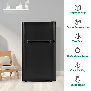 Merax, Black Mini Fridge with Freezer, 3.2Cu.Ft Compact Refrigerator with Two Reversible Doors for Office, Dorm or Bedroom, Adjustable Mechanical Thermostat, 18.9''L x 19.69''W x 32.68''H