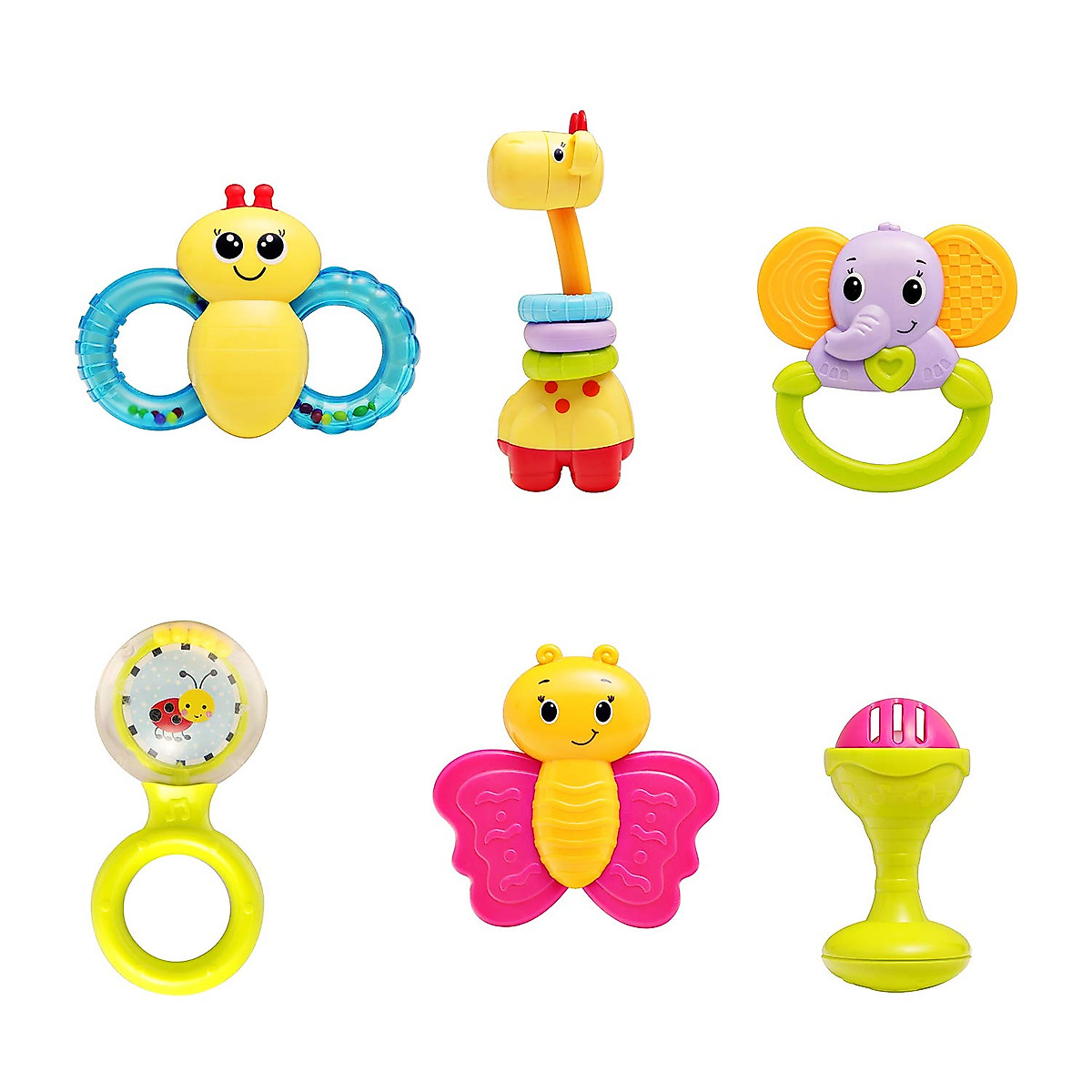 infunbebe Baby Rattles Teether Toy, Grab, Shaker & Spin Rattle, First Senses Shaking Bell Rattle Set for 3+ Months Infant, 6 Pcs