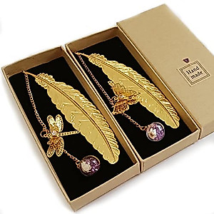 2pcs Metal Feather Bookmarks with Butterfly Bragonfly and Glass Beads Eternal Dry Flower Pendant Student Reading Page Markers Gift for Book Lover Women Girls Kids Children Readers