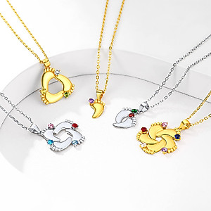 ChicSilver Sterling Silver Custom Feet Pendant Necklace for Women Personalized Mothers Necklace with 4 Simulated Birthstones 4 Names Engraved Mother Day Jewelry Gift for Mom Grandma