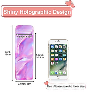 HRX Package 100pcs Pink Holographic Bags Packaging 2.4x7 inch, Resealable Bags Foil Ziplock Pouch Smell Proof Baggies for Lip Gloss, Eyeliner Pens, Jewelry, Candy