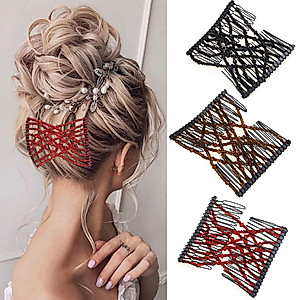 Aethland 6 Pieces Magic Hair Comb Elastic Beaded Hair Clips Women Stretchy Bride Double Slides Hairpins Combs for Women Ladies Girls DIY Hair Styling Accessories