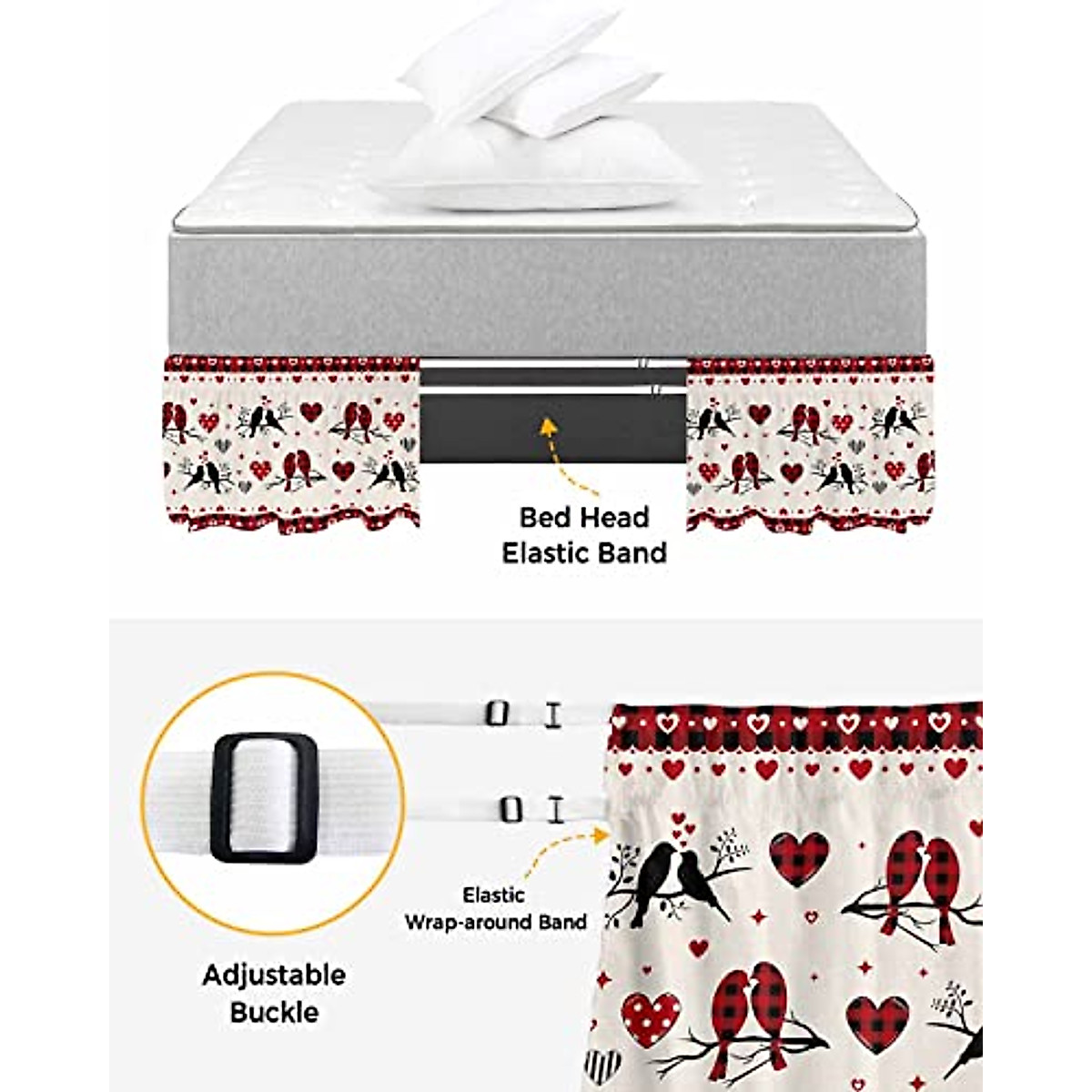 Valentine's Day Bed Skirt Queen Size 18 Inch Drop, Adjustable & Elastic Wrap Around Bed Skirts Pleated Luxury Dust Ruffles for Twin Full Queen Cal King Base Bed, Burlap Love-Bird Red Black Plaid