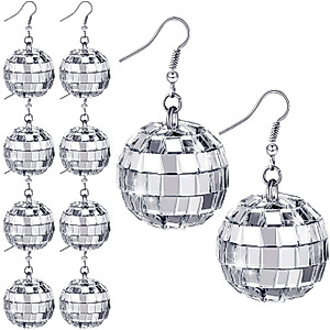 Hicarer Disco Mirror Ball Earrings 60's or 70's Dance Party Silver Costume Accessories for Women and Girls 2024 New Year Party(5 Pairs)