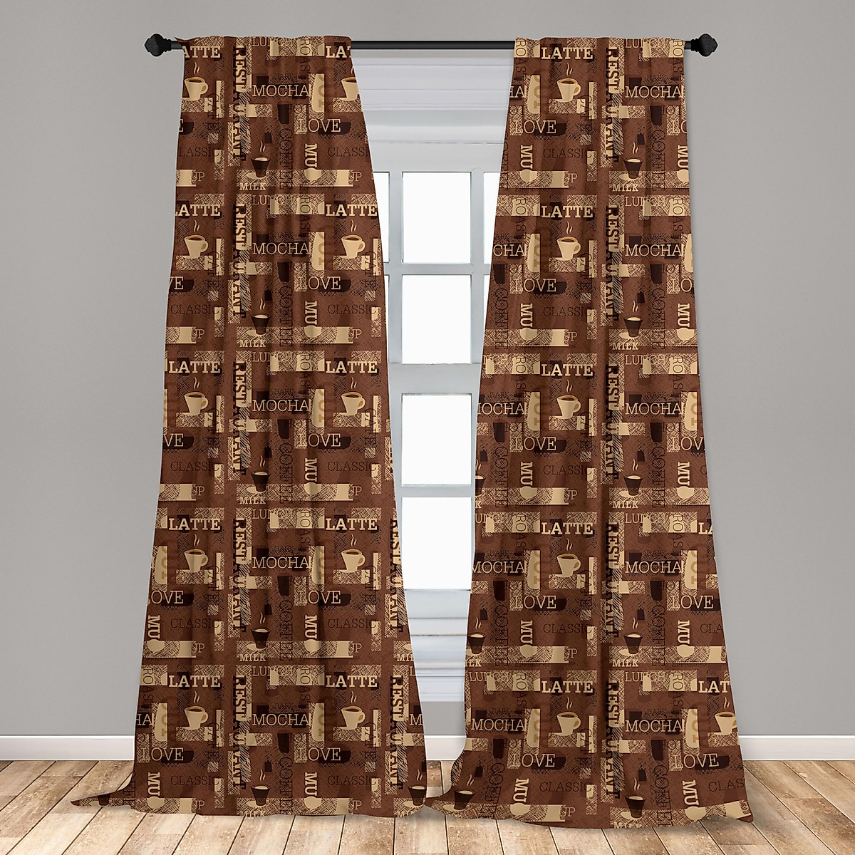 Ambesonne Coffee Window Curtains, Cafeteria Pattern with Hot Mocha Latte Milk Love Typography on Scribble Backdrop, Lightweight Decor 2-Panel Set with Rod Pocket, Pair of - 28" x 84", Beige Brown
