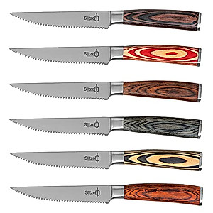 Slitzer Germany 6-Piece 9 Inch Steak Knife Set - Professional, High-Performance Serrated Knife Blades, Pakkawood Handles - Stainless Steel Hand Bolster & Butt