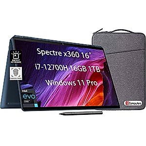 HP Spectre x360 16" 2-in-1 3K QHD+ Touchscreen (Intel 12th Gen i7-12700H, 16GB RAM, 1TB SSD, Stylus) Business Laptop, Long-Battery Life, Fingerprint, Backlit, Thunderbolt 4, IST Bag, Win 11 Pro