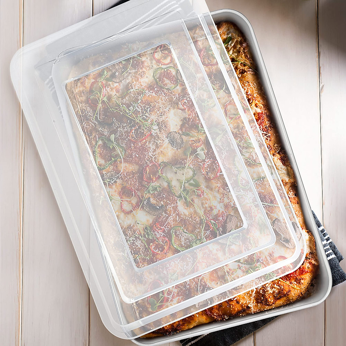 TeamFar Lasagna Pan, 12.4 Inch Stainless Steel Rectangular Textured Baking Pan with Lid, Corrugated Bottom & Deep Side, Non-Toxic & Heavy Duty, Dishwasher Safe - (2 Pans + 2 Lids）