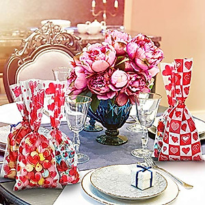 100 Pieces Valentines Day Cellophane Treat Bags Heart Cello Gift Bags Love Candy Goodies Cookie Bags with 200 Pieces Twist Ties for Wedding Holiday Valentine Party Favors Supplies