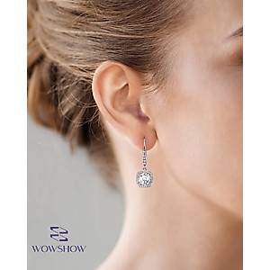 wowshow Moissanite Earrings, Leverback Earrings for Women 925 Sterling Silver 3ct Moissanite Diamond Dangle Drop Earrings Cushion Halo White Gold Plated for Women Birthday Wedding Mothers Day Gifts