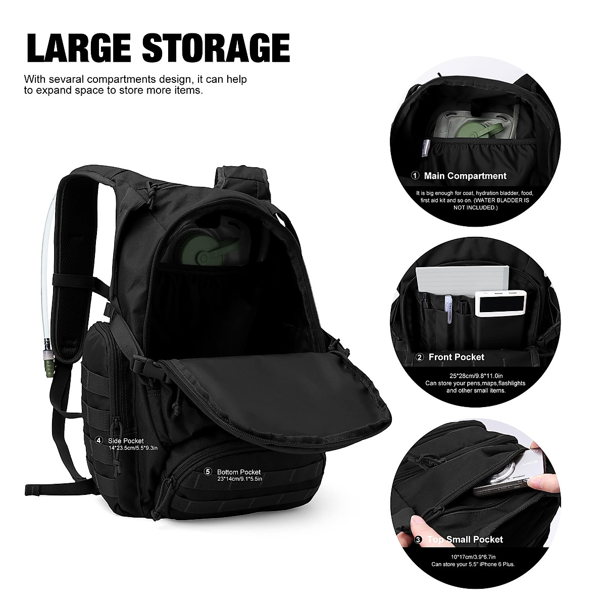 Mardingtop 25L Tactical Backpacks Molle Hiking daypacks for Camping Hiking Military Traveling Motorcycle Black