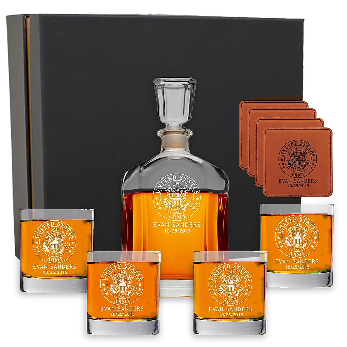 Personalized Military Whiskey Decanter Set - Custom Engraved Decanter & 4 Scotch Glasses - Army, Navy, Air Force, Coast Guard - Active Duty & Veterans