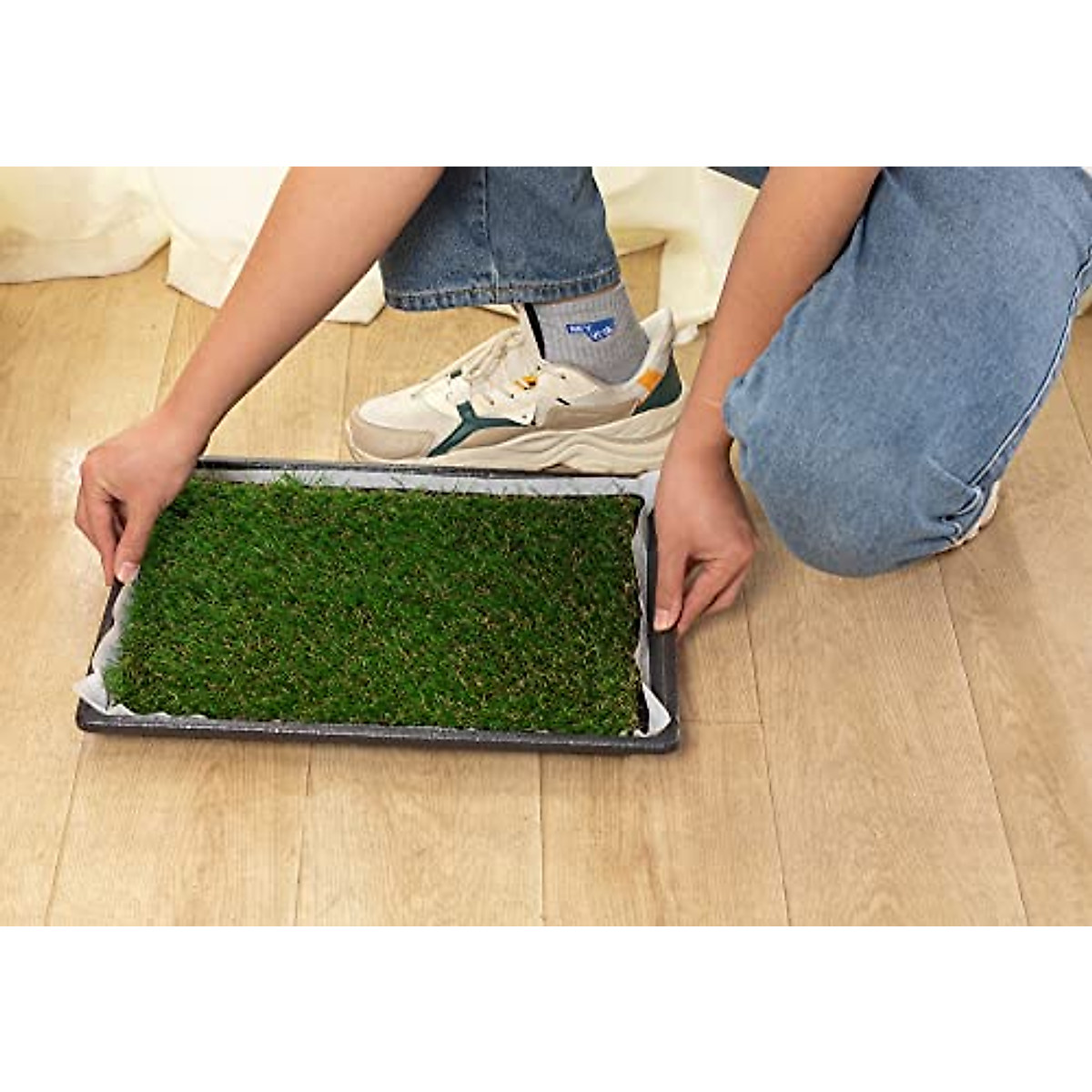 MEEXPAWS Dog Grass Pee Pads for Dogs with Tray , Small Size 18 by 14 in , 2 Dog Artificial Grass Pads , Indoor Dog Litter Box