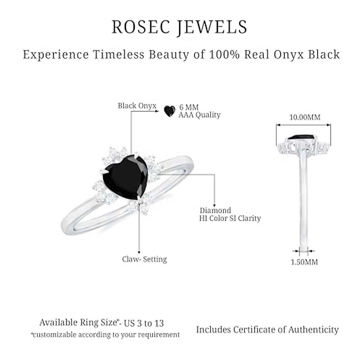 Certified Heart Shape Black Onyx Promise Ring with Diamond | AAA Quality | 6 MM Black Onyx | December Birthstone Ring, 14K White Gold, Size:US 6.00