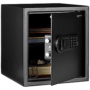Amazon Basics Steel Home Security Safe with Programmable Keypad Lock, Secure Documents, Jewelry, Valuables, 1.2 Cubic Feet, Black, 13" x 13" x 14.2"