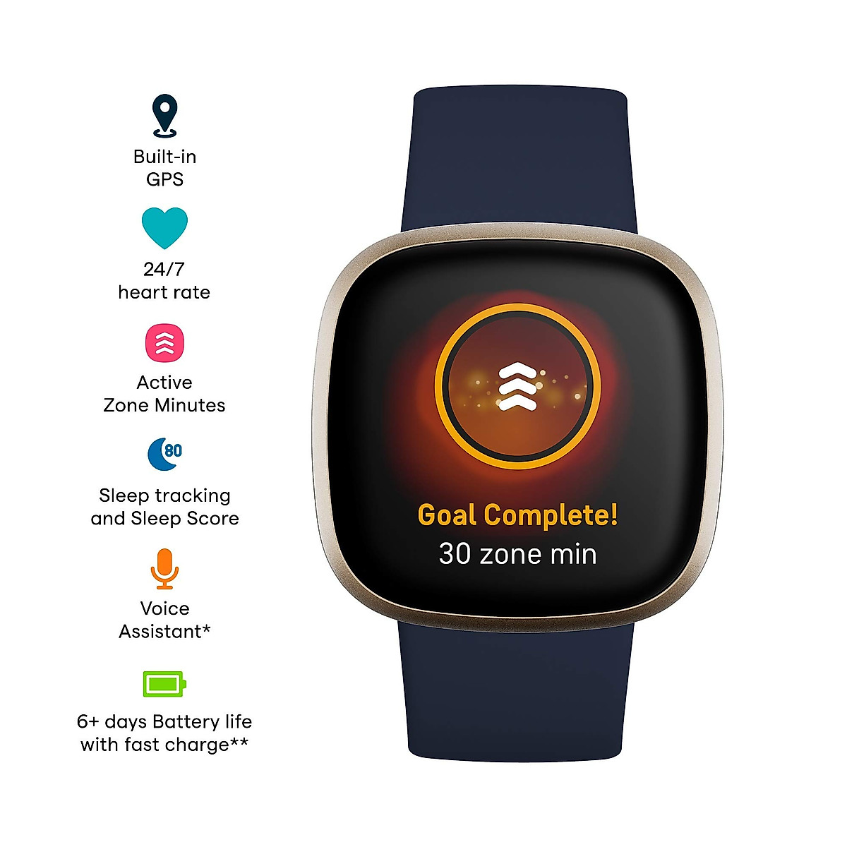 Fitbit Versa 3 Health & Fitness Smartwatch with GPS, 24/7 Heart Rate, Alexa Built-in, 6+ Days Battery, Midnight Blue/Gold, One Size (S & L Bands Included) (Renewed)