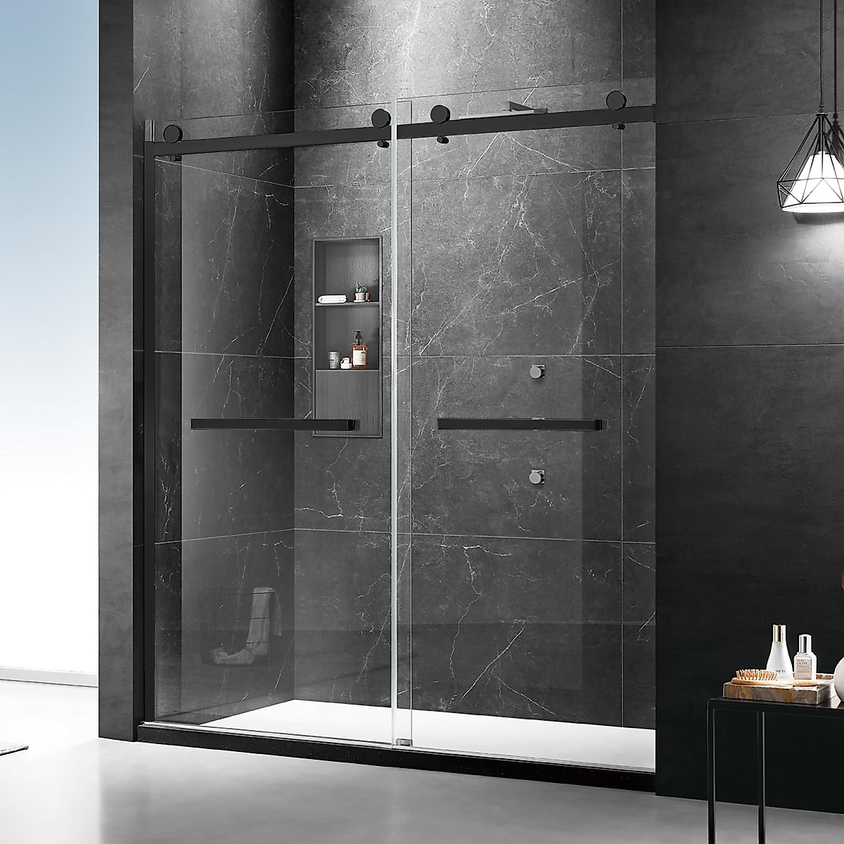 MoSweet Milano Double Sliding Shower Door, 60 in.W x 74 in.H Framed Shower Door 5/16"(8mm) Clear Tempered Glass, 18 inch Pull Handle, Stainless Steel Hardware, Matte Black Finished