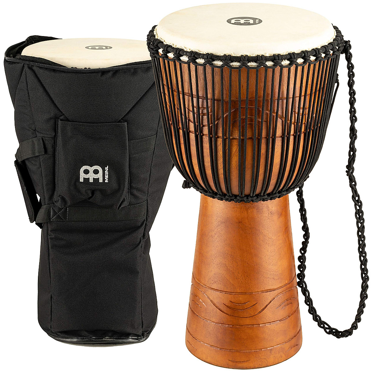 Meinl Percussion ADJ2-L+BAG African Style Rope Tuned 12-Inch Wood Djembe with Bag, Brown