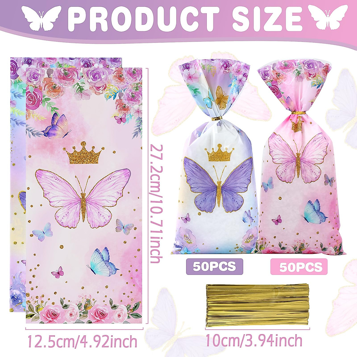 Purple Pink Butterfly Candy Bag - 100pcs Pink and Purple Gift Wrap Clear Gift Bags Candy Bags Cookie Bags Party Favor Bags for Bakery, Birthday, Wedding, Baby Shower Party Decoration