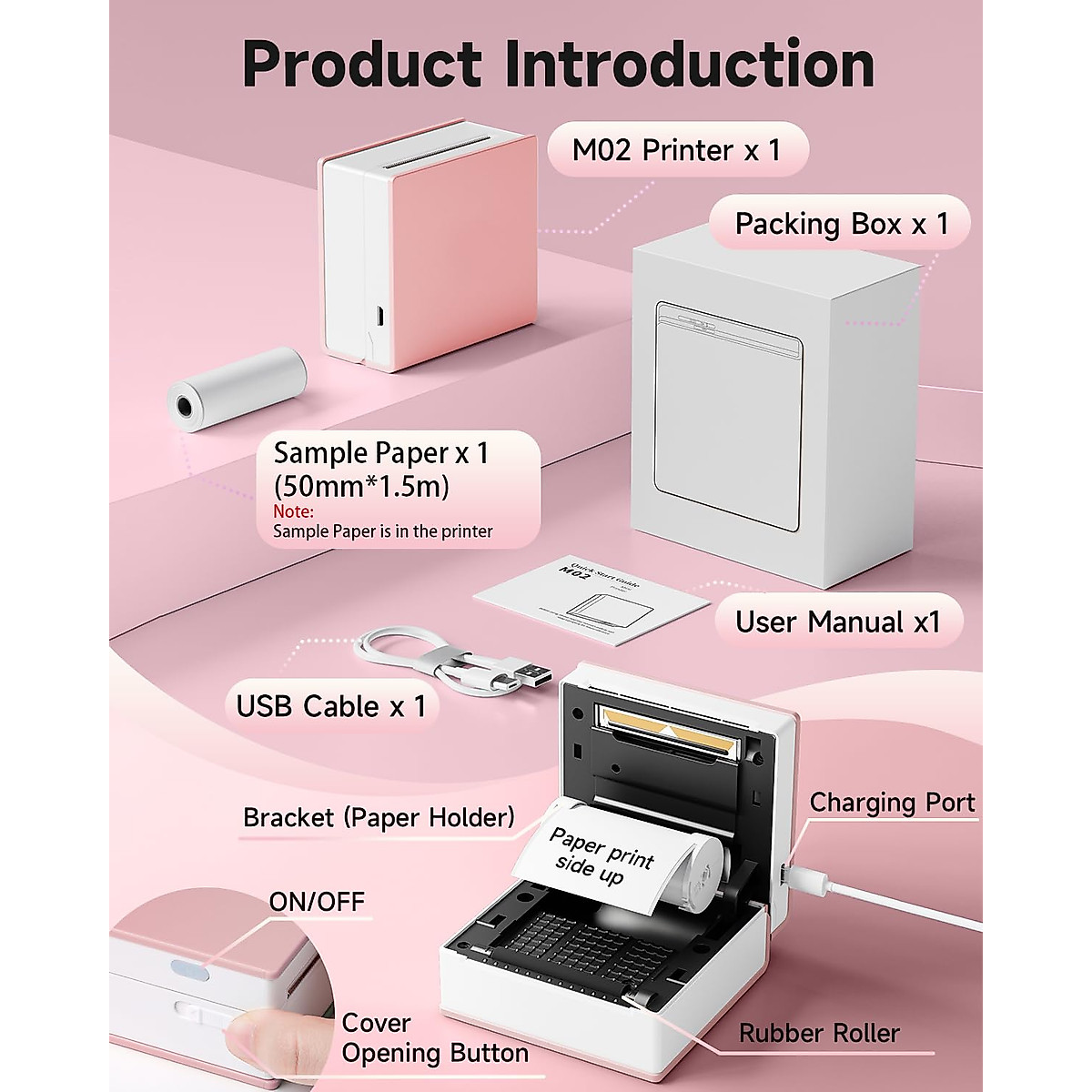 Memoking Inkless Bluetooth Printer Wireless - 2" Thermal Mini Printer Portable Photo Printer - M02 Sticker Printer Machine for Pad&Phone, HD Mini Sticker Maker Machine Printer for Memos,Sticker,Photos