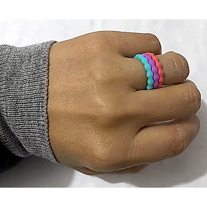 AZYOUNG Womens 3mm Wide Wave Silicone Wedding Ring 10pcs sets Green Blue White Stackable Rubber Bands - US Size 4-10 (8)