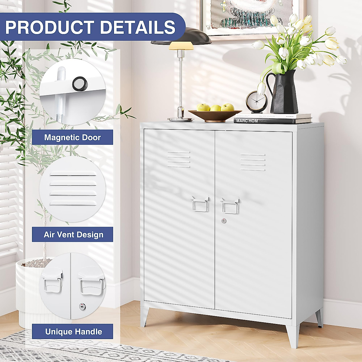 LISSIMO Metal Storage Cabinet,Home Office Cabinet with Doors and Adjustable Shelves,Locking Cabinet with Adjustabl Leg Levelers Assembly Required(White)