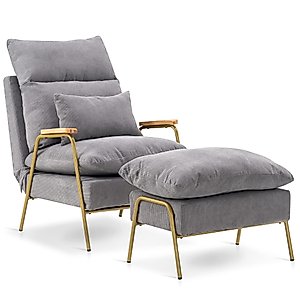 MCombo Accent Recliner with Ottoman, Fabric Arm Club Chair with Metal Legs, Adjustable Backrest and Pillow, Single Sofa Chair for Living Room Bedroom 4058 (Dark Grey, Golden Frame)