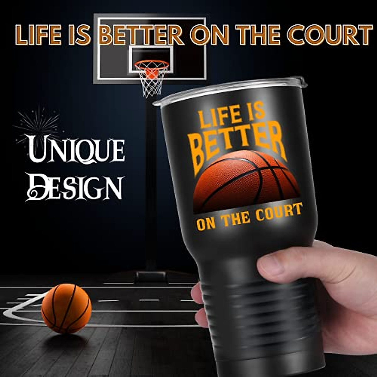Basketball Gifts, Basketball Gifts for Coach, Basketball Lovers, Dad, Son, Man, NBA Teammates on Birthday - Life Is Better On The Court - Onebottl Stainless Steel Tumbler 30Oz - Black