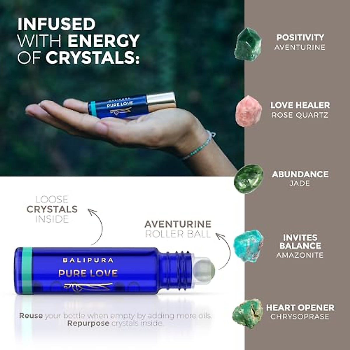 BALIPURA - Pure Love Crystal Aura Roll On - Jasmine Essential Oil with Love Rose Quartz Crystals - Essentail Oils for Body - Calming Essential Oils Roll On- Relaxation Gifts for Women - 0.34 floz