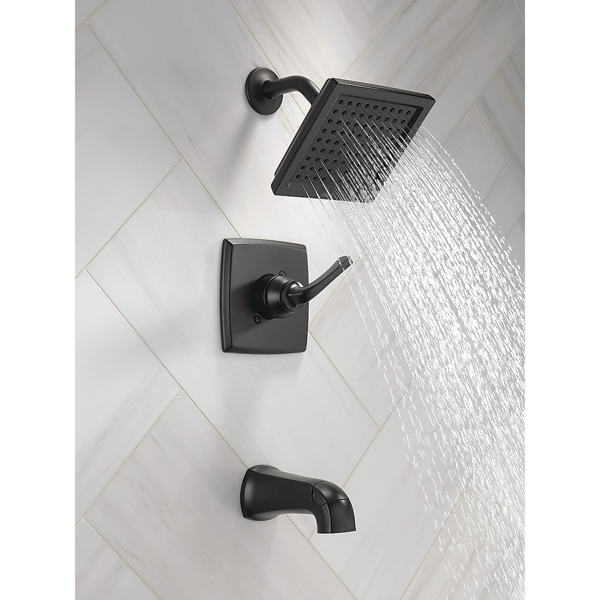 Delta Faucet Geist 14 Series Tub and Shower Trim Kit, Black Shower Faucet with Single-Spray Matte Black Shower Head, Shower Faucet Set Complete, Matte Black 144864-BL (Valve Included)