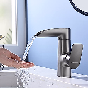 Rainovo Waterfall Bathroom Faucet, Bathroom Faucet with 360° Swivel Waterfall Spout, Single Handle Bathroom Faucet 1 Hole, Single Hole RV Basin Vessel Vanity Faucet, Grey