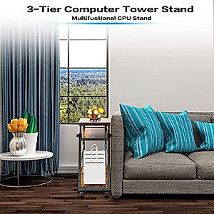 3 Tier Computer Tower Stand Adjustable, PC Tower Stand for Carpet, Height Adjustable Printer Stand with Storage, PC Computer Tower Carts with Wheels, Large Tall Gaming Computer Tower CPU Stand Wood