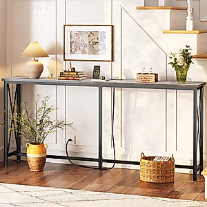 SUPERJARE 70 Inch Console Table with Outlet, Extra Long Sofa Table with Charging Station, Couch Table Behind Sofa, Foyer Tables for Entryway, Living Room - Gray