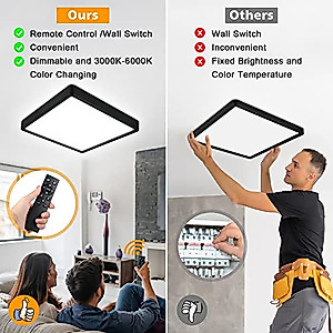 Unicozin Dimmable LED Flush Mount Ceiling Light with Remote Control, 3000K-6000K Color Changing, 12Inch 24W(150W Equiv) 2200LM, Square Flat Ceiling Lamp Black for Bedroom, Living Room, Kitchen