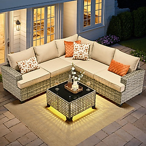 XIZZI 6 Pieces Patio Sectional Furniture Set - All Weather Wicker Rattan Outdoor Modular Sectional Sofa Couch Patio Furniture Set with GlassTable, Patio Conversation Set (Beige)