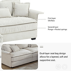 Tmsan 95" L Shaped Sectional Sofa with Ottoman, 3 Seat Cloud Couch with Double Cushions & Bentwood Armrests, Deep Seat Couches for Living Room, Beige Tech Cloth