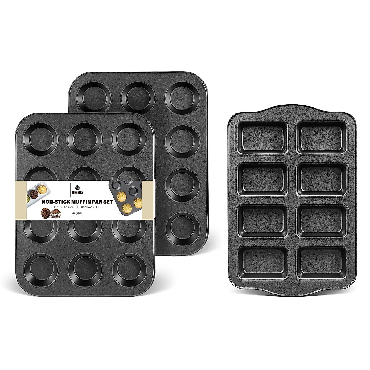 HONGBAKE 2 Pack 12-Cup Muffin Pan for Baking and 1 Pack 8 Cavity Mini Loaf Baking Pan for Oven