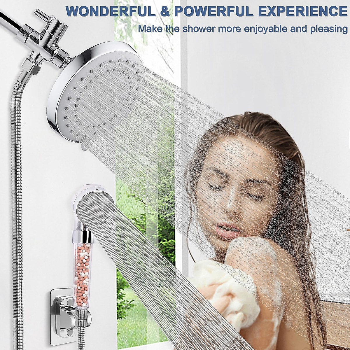 High Pressure 5 Setting Rain Shower Head Combo, 5 Setting Shower Head, Dual Shower Head Set, Handheld Filter Shower Head for Hard Water, Chrome (With Filter Handheld)