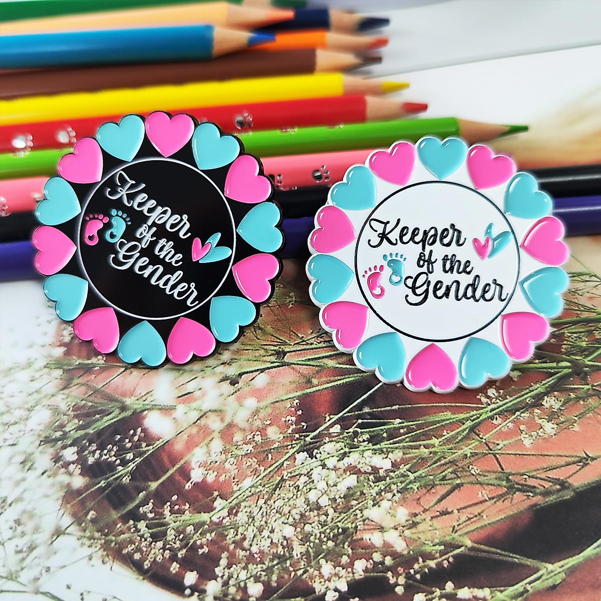 Arturbo Keeper of the Gender Reveal Button Badges Baby Feet Hearts Enamel Lapel Pins Brooch for Baby Shower Gender Reveal Party Favors Gifts Decoration