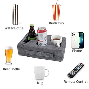 Sofa Cup Holder, Couch Cup Holder Pillow, Sofa Arm Table, Sofa and Bed Drink Caddy, Remotes Holder, for RV, Car, Beach（Grey）