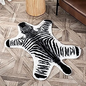 Miiciuib Cute Zebra Rug, Faux Fur Skin Plush Animal Shape Floor Carpet Decor Cushion for Bedroom Living Room (Zebra, 33.5 x 43 Inches)